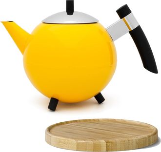 Bredemeijer Teekanne Set 1.2 Liter - Edelstahl doppelwandig Gelb - Gro&szlig;e Teebereiter mit Deckel ohne Filter - inkl. Holz-Untersetzer braun