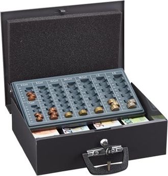 Relaxdays Geldkassette abschlie&szlig;bar, M&uuml;nzz&auml;hlbrett & 4 Scheinf&auml;cher, Geldkasse Eisen, HxBxT: 11,5 x 36 x 28,5 cm, grau