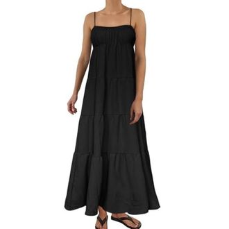 Generic Robe longue d&eacute;t&eacute; pour femme avec bordure contrast&eacute;e, bretelles spaghetti, tenues d&eacute;t&eacute;, voyage, vacances, sans manches, robe longue, Noir, 3XL