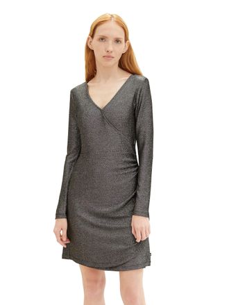 Tom Tailor Damen Glitzer Kleid in Wickeloptik, black glitter, M