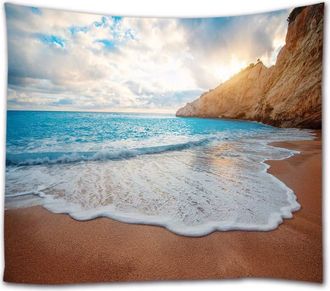 A.Monamour Wandteppiche Griechenland Lefkada Insel Katsiki Strand Blauer Himmel Weiße Wolken Berge Natur Landschaft Druck Stoff Wandteppich Wandbehänge Wandbild 
