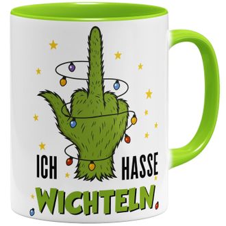 OM3 lustige Anti Wichtel Kaffee-Tasse mit Spruch + Mittelfinger - Ich hasse Wichteln - Keramik Becher - 325ml - Beidseitig Bedruckt - Hellgr&uuml;n