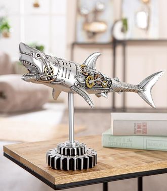 Gilde Steampunk Shark Figur aus Kunstharz, silberfarben, antikfinish, Zahnradmotiv, 30 cm hoch, 38 cm breit, 12 cm tief