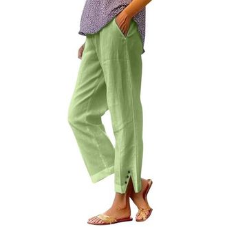 Generic Pantalon d&eacute;t&eacute; en coton et lin pour femme, pantalon court en coton et lin, taille &eacute;lastique, pantalon de d&eacute;tente l&eacute;ger &agrave; jambe droite avec poches, pant