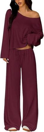 Generic Chemises &agrave; manches longues pour femme - Haut &agrave; &eacute;paules d&eacute;nud&eacute;es - Coupe ample - Pantalon large - Ensemble deux pi&egrave;ces pour femme, bordeaux, XXL