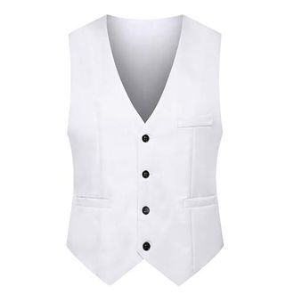 Generic Western Cylindre Homme Rétro Gilet Col en V Couleur Unie Bouton de Poche Gilet Serviette de Bain, Blanc., XXXXL