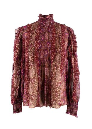 Ulla Johnson Burgundy Patterned Sheer Silk Elita Blouse Size S