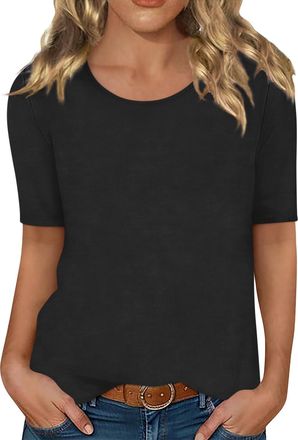 Minetom Damen Halbarm T-Shirt Rundhals Sommer Tshirt Einfarbig Oberteile Basic Shirts A Schwarz XXL