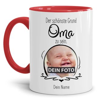 Tassendruck Tasse mit Spruch - Der sch&ouml;nste Grund Oma zu sein - Personalisierbare Keramiktasse mit Namen und Foto - Geschenk Oma - Innen & Henkel Rot, 300 ml