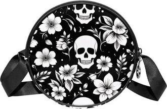 Generic Petit sac &agrave; bandouli&egrave;re circulaire pour femme, motif cr&acirc;nes, petit sac &agrave; dos &agrave; bandouli&egrave;re avec fermeture &eacute;clair, bretelles r&eacute;glables, sac &agrave; main rond