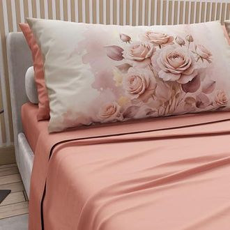 Petti Artigiani Italiani Bettwäsche aus Baumwolle mit Kissenbezügen mit Digitaldruck, Bettlaken für französisches Bett, Bettwäsche-Set mit Blumenmuster in Puderrosa, 100% Made