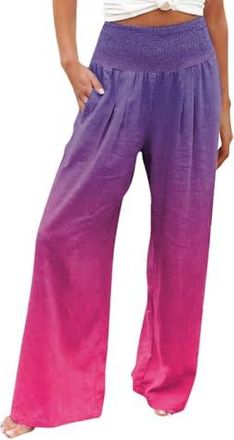 Generic Pantalon en coton et lin pour femme - Jambe large - Pantalon de plage d&eacute;t&eacute; pour femme - Confortable - Pantalon de yoga Palazzo XIYU26081, rose vif, 3X