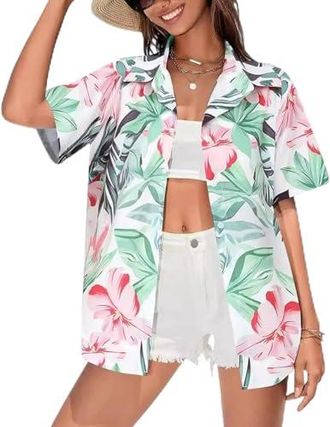 Generic Chemise hawa&iuml;enne pour femme - Coupe ample - Chemise de plage tropicale des Cara&iuml;bes &agrave; manches courtes boutonn&eacute;e - Style d&eacute;contract&eacute; - Vintage - Palmi