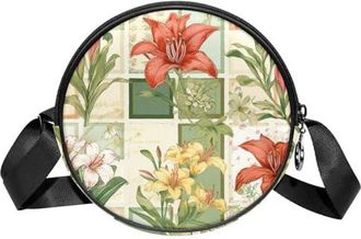Generic Sac &agrave; bandouli&egrave;re rond pour femme, petit sac &agrave; bandouli&egrave;re Lilies avec fermeture &eacute;clair et bretelles r&eacute;glables Style d&eacute;contract&eacute;