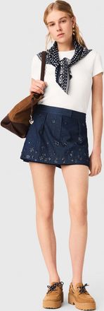 Maje Short Trompe LOEil En Denim Brod&eacute; - Bleu Marine - Maje