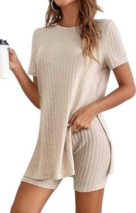 TOMWELL Survetement Femme Col Rond 2 Pièces Ensemble Manches Courtes Décontracté Loungewear Sportswear Deux Pièces A Abricot XL