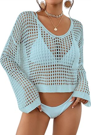 Bsubseach Damen Crochet Crop Top Strand Badeanzug Cover Up Langarm Hollow Out Badeanzug Cover Ups Sommer Outfits Hell Blau