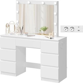 Woltu Coiffeuse avec Miroir led Woltu Luminosit&eacute; R&eacute;glable - Table de Maquillage avec Multiprise - 7 Tiroirs - 110x39,5x140,5 cm - Blanc