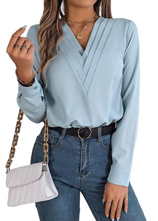 Onsoyours Oberteil Damen Elegant Chic Langarm Bluse V-Ausschnitt Langarmshirt Casual Tunika Shirt Plissee Arbeit Locker Hemdbluse Einfarbig Leicht Tops Herbst F