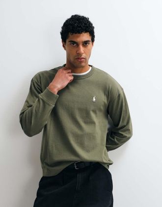 Polo Ralph Lauren schweres Langarm-T-Shirt in Khaki mit lockerer Passform-Gr&uuml;n