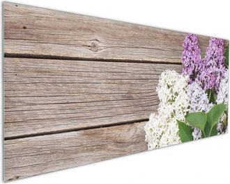 Wallario K&uuml;chenr&uuml;ckwand aus Glas 125 x 50 cm, Motiv: Fliederbl&uuml;ten auf Holz | Spritzschutz abwischbar & pflegeleicht