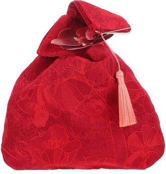 Valiclud Pochette &agrave; Poignet Rouge en Tissu Fleurs et Pompons Paquet &agrave; Main Japonerie pour Femme Paquet de Soir&eacute;e Compact et Fonctionnel Accessoire de Mariage e