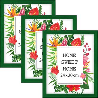 MG Design Set aus 3 Gr&uuml;n Bilderrahmen 24 x 30 cm - Aus echtem Holz mit Acrylglas, zum Aufh&auml;ngen & Aufstellen, f&uuml;r Fotos, Poster & Puzzle