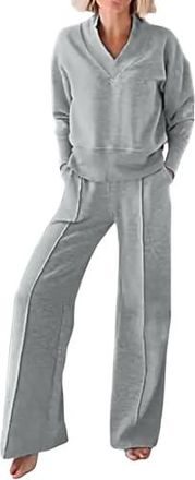 Generic Ensemble deux pi&egrave;ces pour femme - Ensemble de d&eacute;tente - Sweat-shirt &agrave; col en V - Pantalon large - Poches - Tenues d&eacute;t&eacute; - Essentiel pour les vacances, 