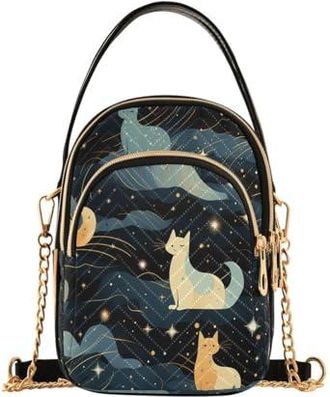 Mnsruu Petit sac &agrave; bandouli&egrave;re en cuir pour femme avec motif de chat, chaton, &eacute;toiles, nuage