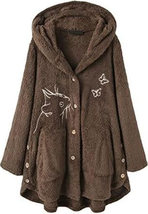 Onsoyours Manteau Femme Fourrure Grand Taille avec Capuche Hiver Chaud Long Elegant Manche Longues Mode Pas Cher Fille Hoodie Veste en Laine D Caf&eacute; L