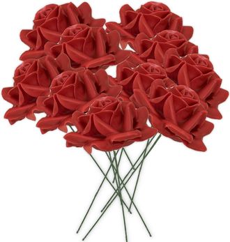 Matches 21 Kunstrosen-Blüten mit Stiel als künstliche Deko-Rosen aus Wachs - 10 rote Rosenblüten wie echt für Blumengestecke Blumen-Dekoration - Wachsrosen als K