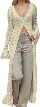 Generic Cardigan long pour femme en tricot ajour&eacute; au crochet - Robe longue &agrave; manches longues - Cardigan boutonn&eacute; - Marron clair, beige, M