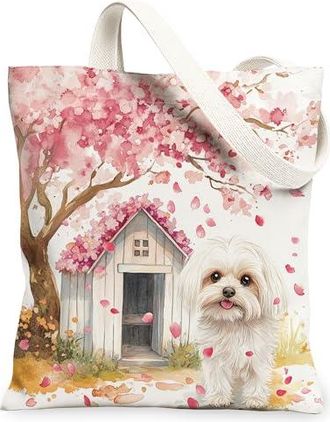 Generic Sac fourre-tout en toile motif chien maltais printanier 33 x 38,1 cm, sac &agrave; bandouli&egrave;re r&eacute;utilisable pour femme, peinture danimaux domestiques, d&eacute;cora