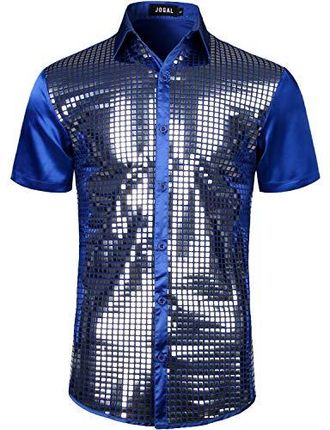 JOGAL Chemise à paillettes pour homme à manches courtes 70, Bleu roi argenté., XL