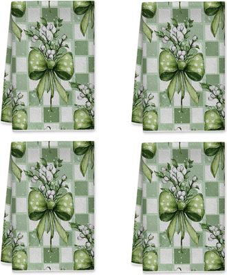 Generic K&uuml;chent&uuml;cher mit Schleife, rustikales Maigl&ouml;ckchenmotiv, gr&uuml;n, kariert, Fr&uuml;hlingsgr&uuml;n, Mikrofaser, schnell trocknend, 40,6 x 61 cm