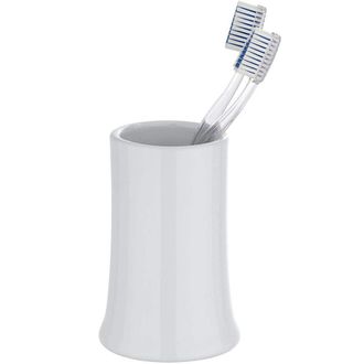 WENKO 21081100 Zahnputzbecher Slope Wei&szlig; - Zahnb&uuml;rstenhalter f&uuml;r Zahnb&uuml;rste und Zahnpasta, Keramik, 8 x 12 x 8 cm, Wei&szlig;