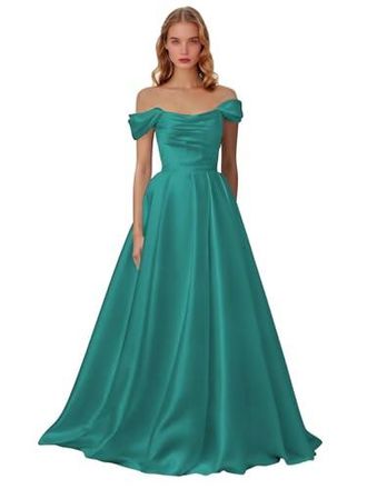 Generic Robe de bal longue froncée en satin à épaules dénudées pour femme avec poches, turquoise, 48 Grande taille