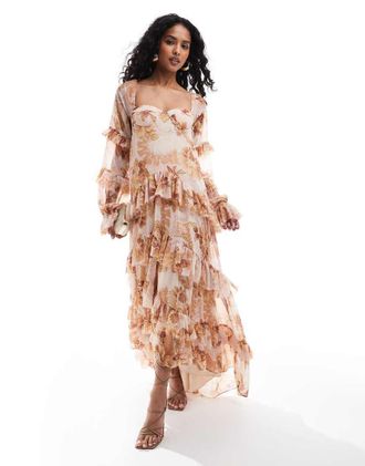 Asos Robe longue étagée style corset à fleurs et volants avec épaules dénudées et ourlet asymétrique - Marron-Multicolore