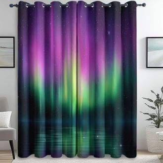Generic Aurora Sternenhimmel Reflexion Blickdichte Vorhänge H200 X B70 cm (2Er Pack) Grün Lila - Sonnenschutzend, Wärmeisolierend, Waschbar - Schiebevorhängeg