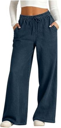 Generic Pantalon de jogging &agrave; jambe large pour femme - Taille haute &eacute;lastique - Pantalon de jogging droit r&eacute;tro d&eacute;lav&eacute; - Pantalon en jean d&eacute;contract&eacute; &agrave; enfile