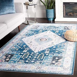 Safavieh Tapis Traditionnel - Lavable en Machine et Antidérapant - Idéal pour Les Zones à Fort Passage - Arizona Collection, Tapis à Poil Court, Bleu et Beige,