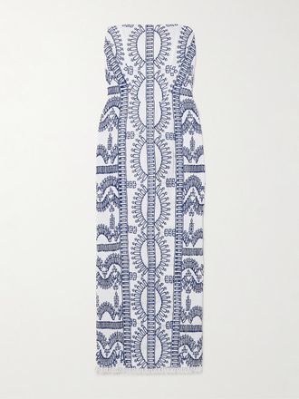 Charo Ruiz Ibiza Robe Midi Bustier En Coton M&eacute;lang&eacute; &Agrave; Broderie Anglaise Et &Agrave; Smocks Ynisa - Bleu