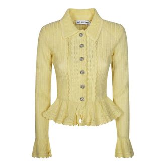 Self Portrait Femme, Pulls, Jaune, Taille: 38 FR Pointelle Knit Ruffled Cardigan