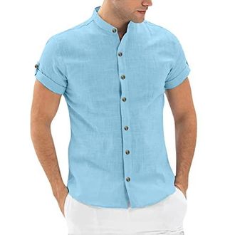 Generic Chemise en coton et lin pour homme - Chemisier dentra&icirc;nement pour homme - Style d&eacute;contract&eacute; - Grande taille - Col montant - Manches courtes - Tunique 