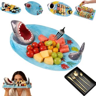 Generic Hai-Charcuterie-Brett, 3-in-1-Hai-Sushi-Teller Mit Dip-Sauce-Schale, Lustiger Handgefertigter Keramik-Hai-Taco-Halter, Hitzebest&auml;ndig Bis 1300 &deg;C, Mik