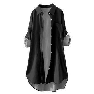 Generic Hauts en coton et lin pour femme, coupe ample, boutons tendance, enroulables &agrave; manches longues, col en V, chemisiers pour femme, pour le bureau, le tr