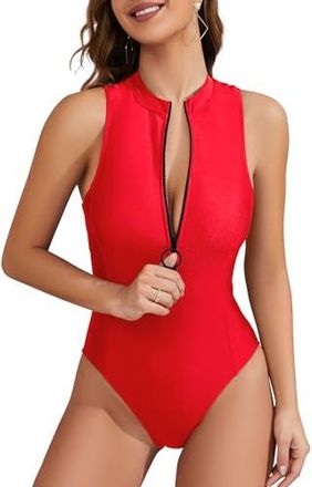 SHEKINI Maillot de bain une pièce sportif à fermeture éclair pour femme, col haut, rashguard sans manches, Rouge, S