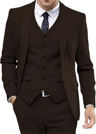 Generic Costume 2 pièces Homme en Tweed à Chevrons, idéal pour dîner, Mariage ou Bal de Promo. Ensemble 3 pièces avec Revers Pointus, Couleur café, Taille 5XL