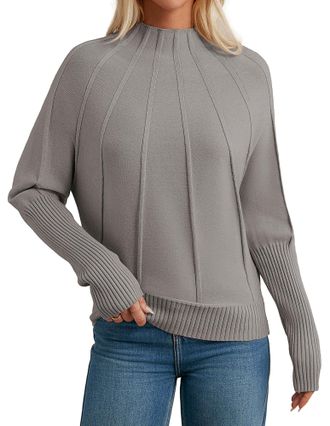 Grace Karin Pullover Damen Hochkragen Strickware Raglan&auml;rmel Weich Elastisch Gerippte Jumper Khaki XXL