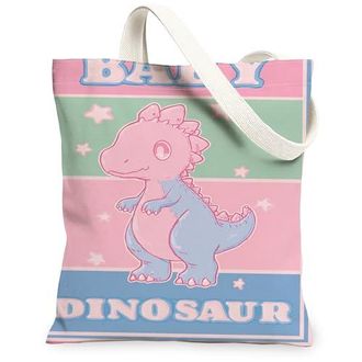 Generic Sacs fourre-tout en toile motif dinosaure ludique, sacs d&eacute;picerie r&eacute;utilisables, l&eacute;gers et lavables avec bandouli&egrave;re, p&ecirc;che, 13x15 Inch